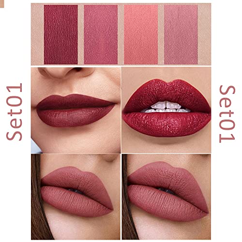 evpct 4Pcs Dark Red Mauve Chestnut Mini Matte Lipstick Lip Gloss Stain Sets for Women Permanent Long Lasting Stay on Lipstick 24 hour Waterproof lippies labiales matte labial mate larga duracion 24