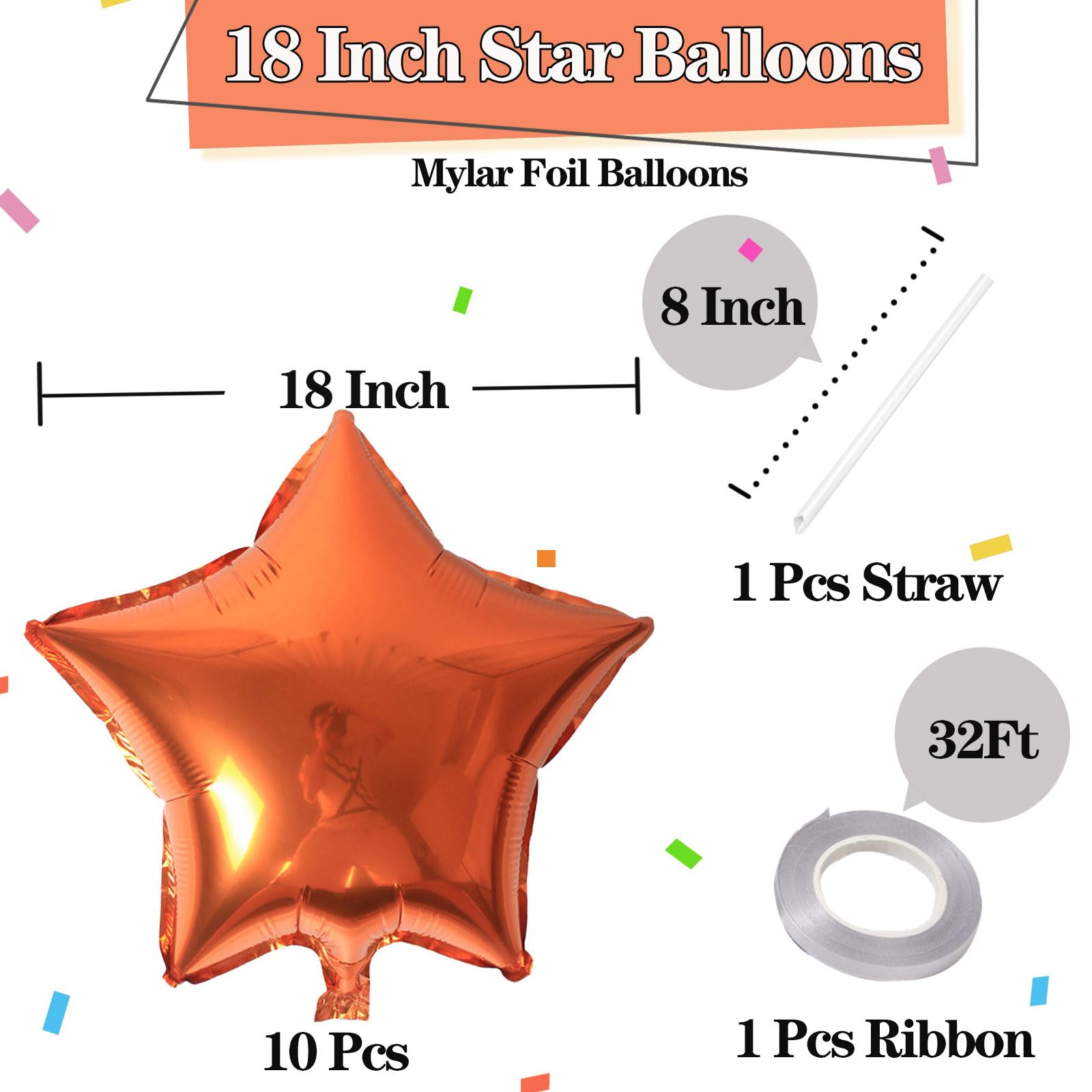 KALOR 18 Inch Orange Star Mylar Balloons, 10 Pcs Star Shape Foil Balloon Helium Balloons for Wedding, Baby Shower, Birthday Party Decorations