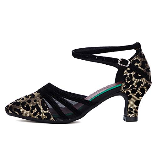 YKXLM Closed Toe Ballroom Dance Shoes Women Low Heel Modern Character Shoes,DY302-S,Leopard+Gold-5.5,US 7.5