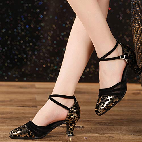 YKXLM Closed Toe Ballroom Dance Shoes Women Low Heel Modern Character Shoes,DY302-S,Leopard+Gold-5.5,US 7.5