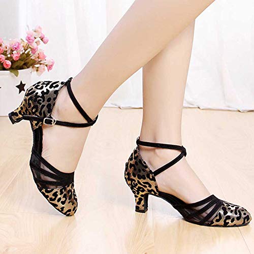 YKXLM Closed Toe Ballroom Dance Shoes Women Low Heel Modern Character Shoes,DY302-S,Leopard+Gold-5.5,US 7.5