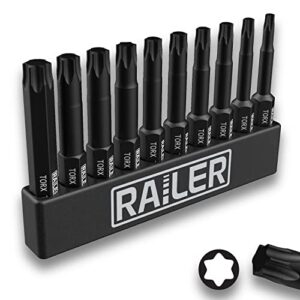 torx bit set, railer 10-piece 6 point torx screwdriver bit set. s2 steel impact driver t10 t15 t20x2 t25x2 t27 t30x2 t40 torx star bits