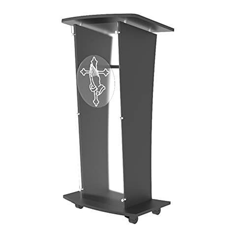 Acrylic Church Podium Pulpit Debate Conference Lectern Plexiglass Lucite Black Wood Shelf Cup Holder on Wheels with Prayer Hand and Cross Plaque 1803-5-BLACK+12152-NPF