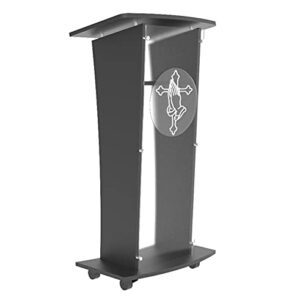 Acrylic Church Podium Pulpit Debate Conference Lectern Plexiglass Lucite Black Wood Shelf Cup Holder on Wheels with Prayer Hand and Cross Plaque 1803-5-BLACK+12152-NPF