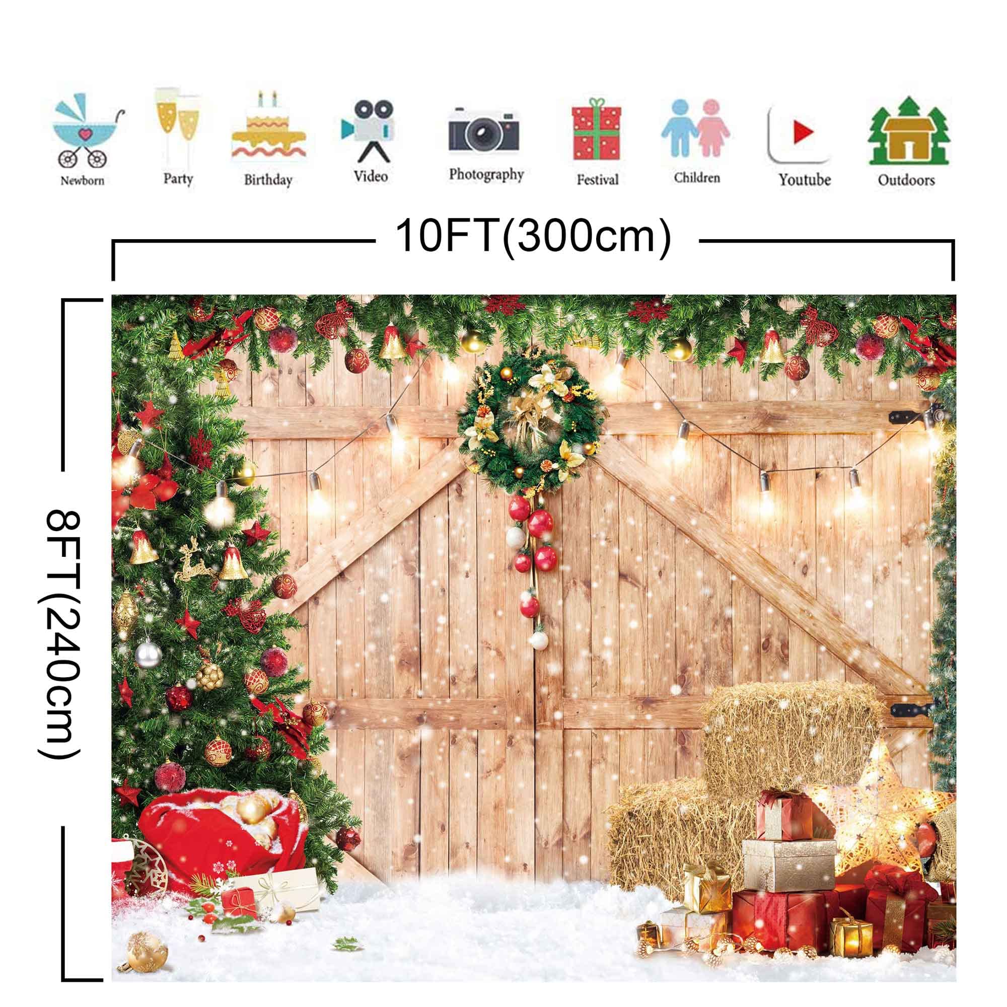 Haboke 10x8ft Soft Fabric Rustic Christmas Barn Wood Door Backdrop for Photography Xmas Tree Snow Gift Wall Floor Party Photo Background Family Holiday Supplies Banner Decorations Studio Prop Pictures