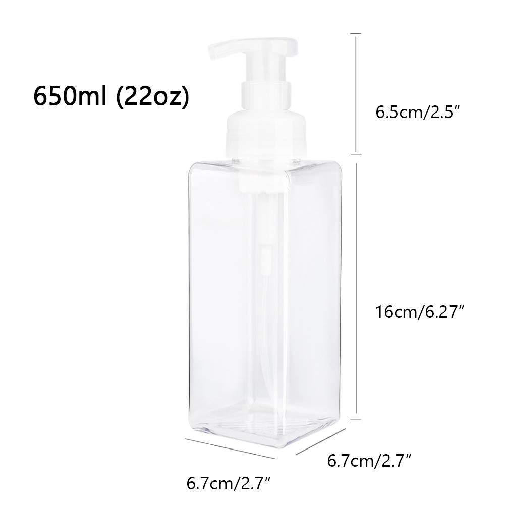 UUJOLY Foaming Soap Dispenser 650ml (22oz) Refillable Plastic Pump Bottle for Liquid Soap, Shampoo, Body Wash (2 Pcs) (Clear)