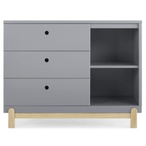 delta children poppy 3 drawer dresser with cubbies, grey/natural