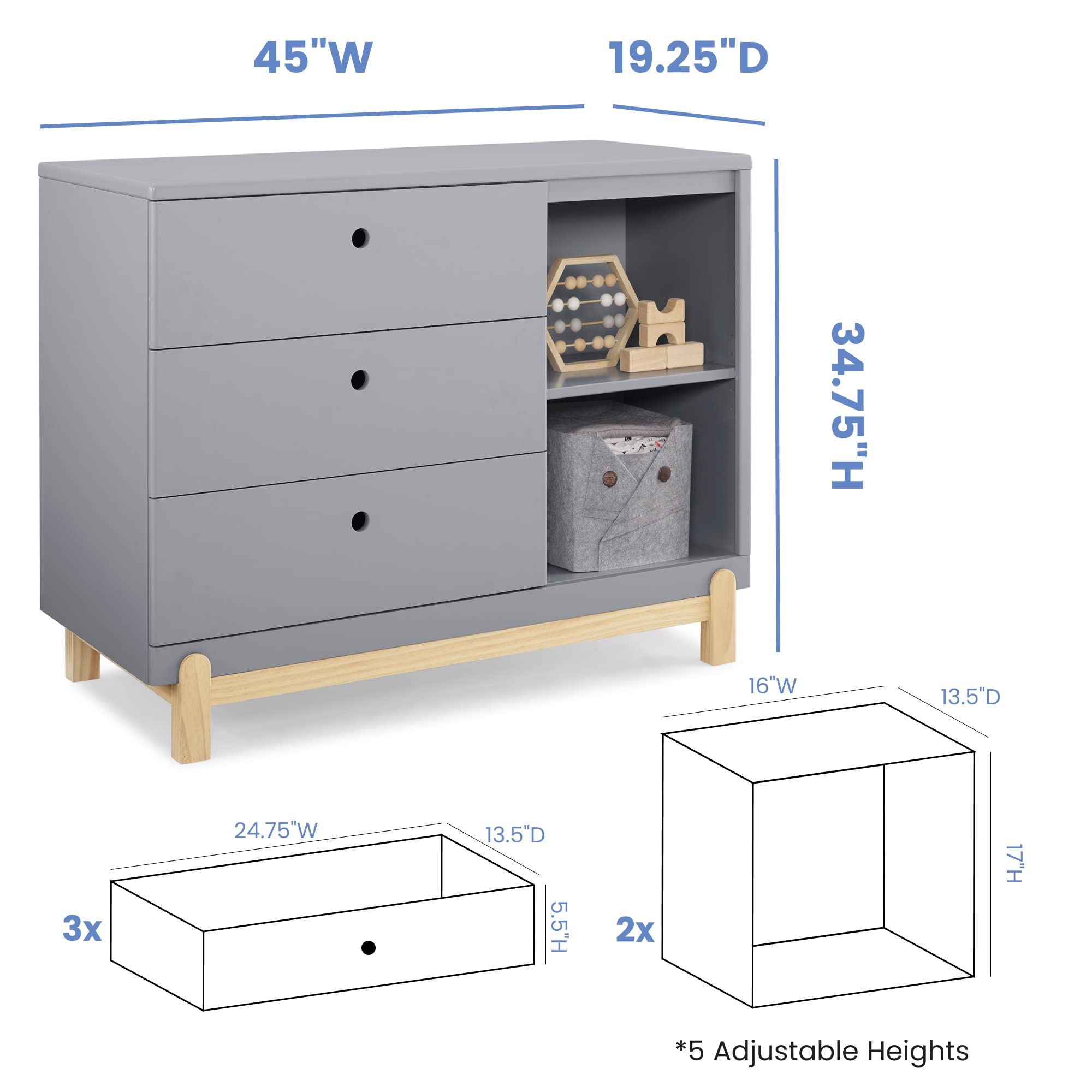 Delta Children Poppy 3 Drawer Dresser with Cubbies, Grey/Natural