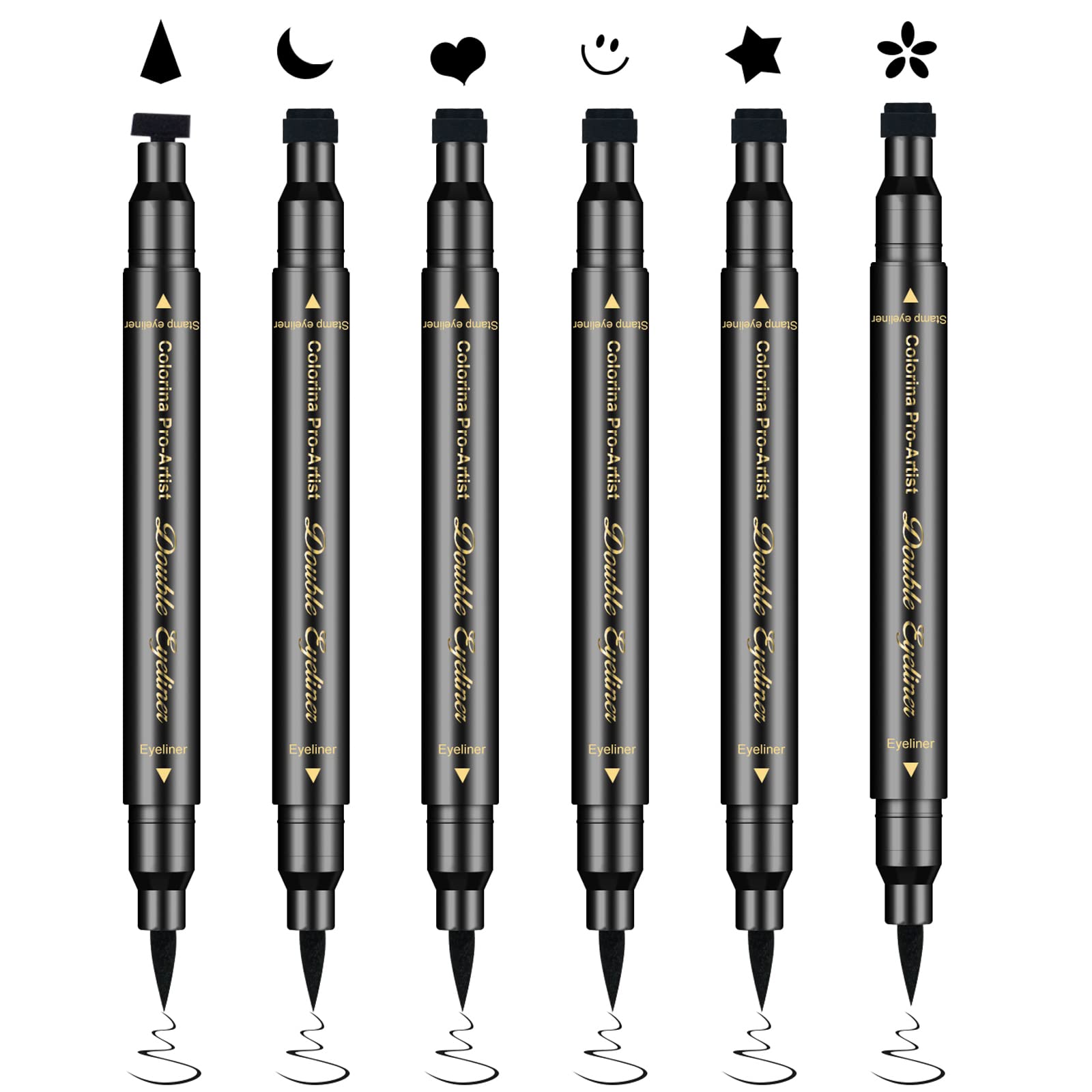 Ownest 6 Pcs Liquid Eyeliner Set,Double-Side Waterproof Smudge-proof Eyeliner Stamp Pen Eyeliner Tattoo Tool Makeup-Smiley, Triangle,Heart,Star,Moon,Flower