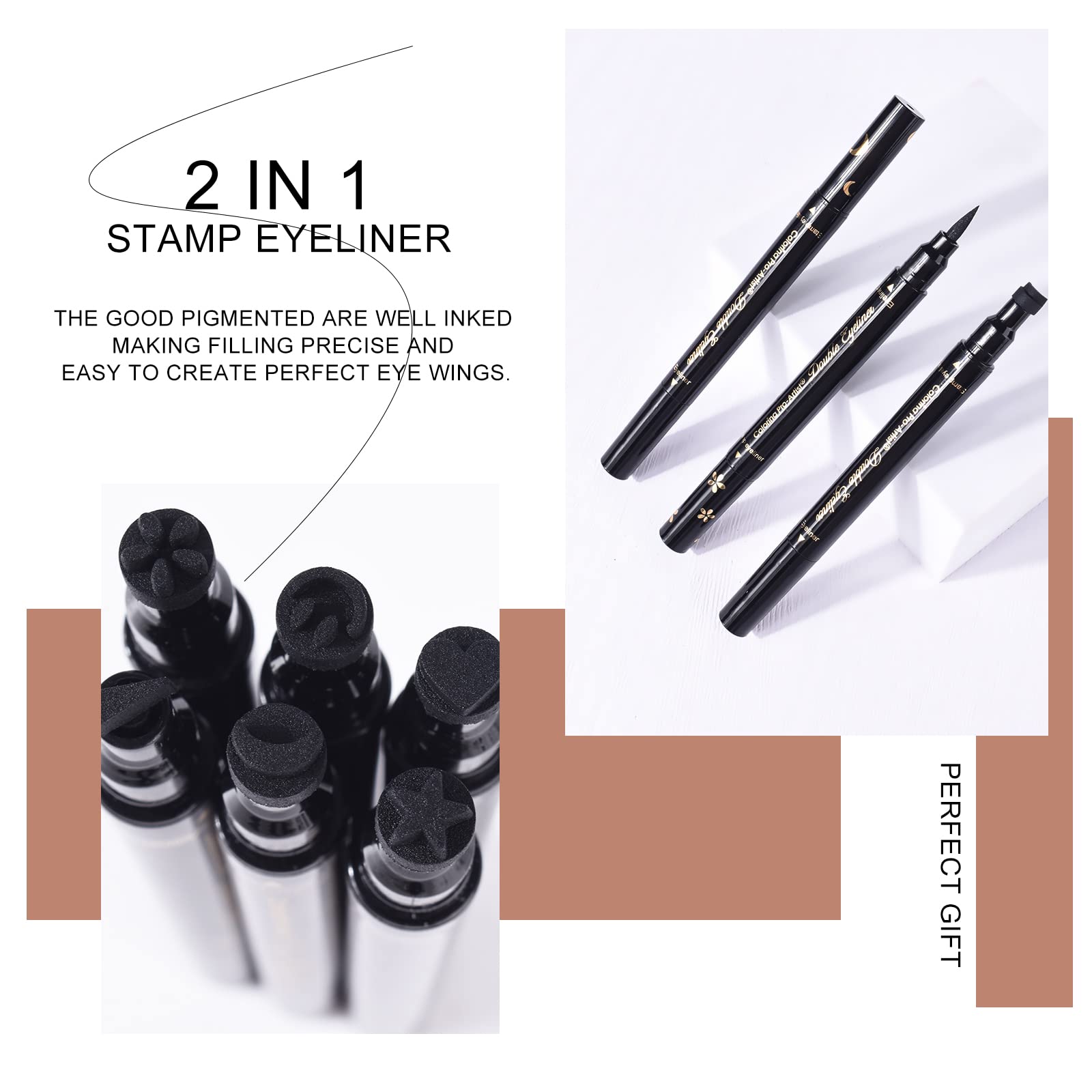 Ownest 6 Pcs Liquid Eyeliner Set,Double-Side Waterproof Smudge-proof Eyeliner Stamp Pen Eyeliner Tattoo Tool Makeup-Smiley, Triangle,Heart,Star,Moon,Flower