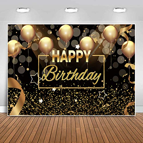 Sensfun Happy Birthday Party Backdrop Banner Black Gold Balloons Glitter Bokeh Spots Men Women Bday Photography Background for Adult Birthday Cake Table Decoration Supplies Photo Booth Backdrops 8x6ft