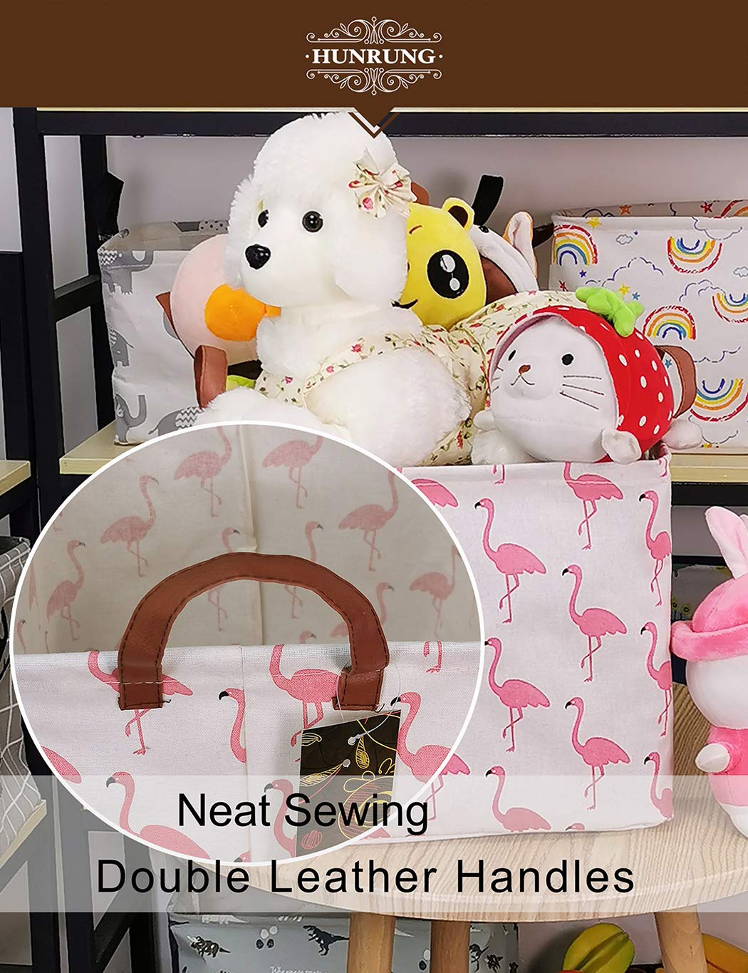 HUNRUNG Square Storage Bins Nursery Hamper Canvas Laundry Basket Foldable with Waterproof Nursery Boxes for Shelves/Gift Baskets/Toy Organizer/Office, Bedroom (Square-Pink Flamingos)