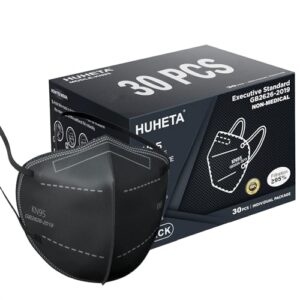 huheta kn95 face masks, packs of 30 individually wrapped, 5-ply breathable and comfortable safety mask, filter efficiency over 95%, protective cup dust masks against pm2.5 (black mask)