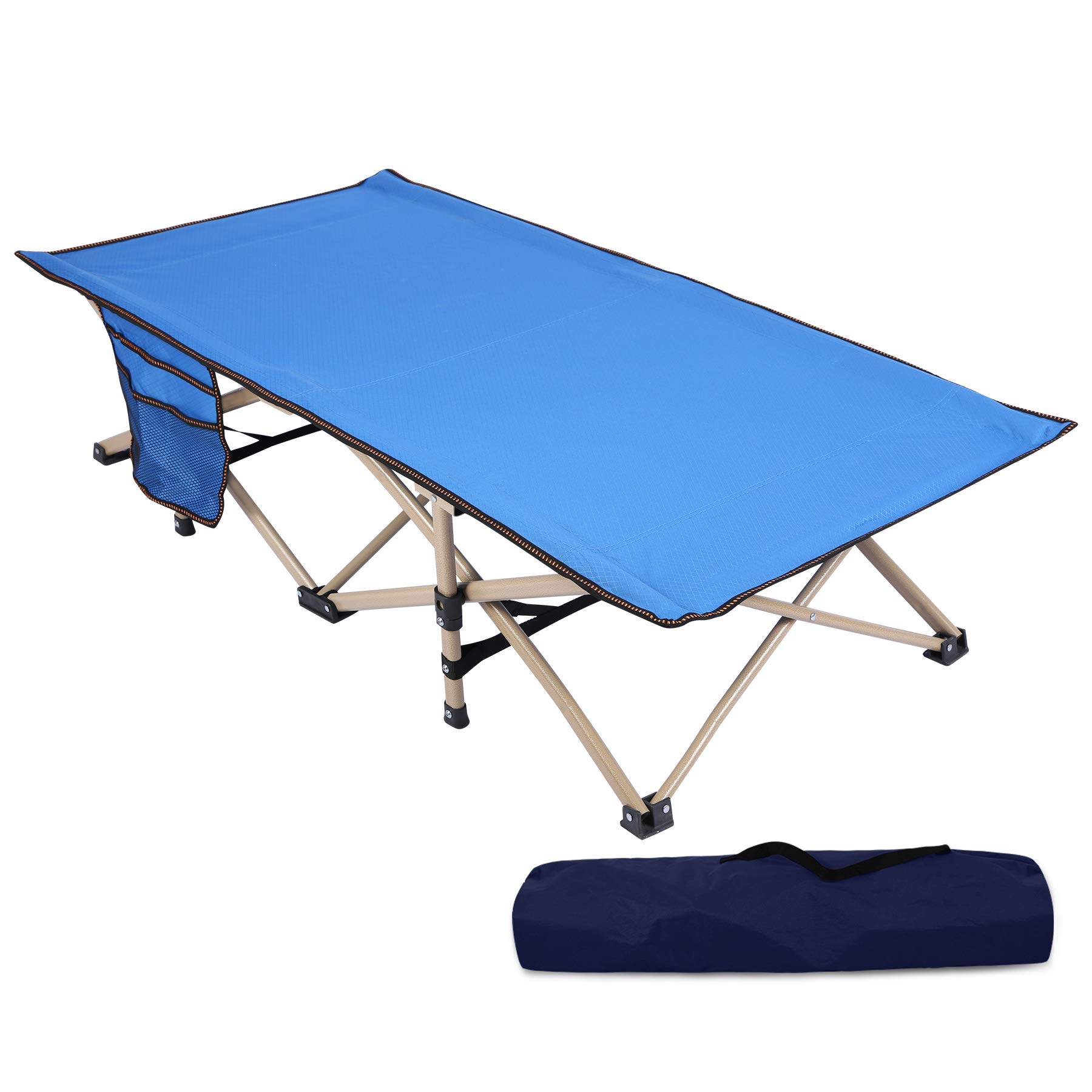 REDCAMP Extra Long Kids Cot for Sleeping 2-7 Years, Portable Travel Toddler Cot Bed with Carry Bag, Lightweight for Outdoor Indoor Home, Blue 53''x26''