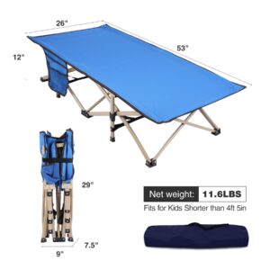 REDCAMP Extra Long Kids Cot for Sleeping 2-7 Years, Portable Travel Toddler Cot Bed with Carry Bag, Lightweight for Outdoor Indoor Home, Blue 53''x26''