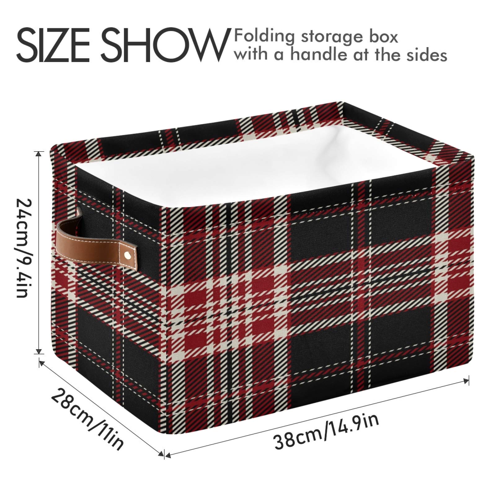 ALAZA Decorative Basket Rectangular Storage Bin, Red Black and White Plaid Organizer Basket with Leather Handles for Home Office