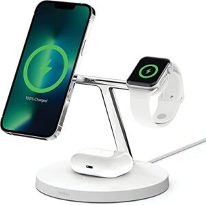 belkin boostcharge pro 3-in-1 wireless charger with magsafe for iphone 13, 12 + apple watch + airpods (magnetically charges iphone 13 and 12 models up to 15w)