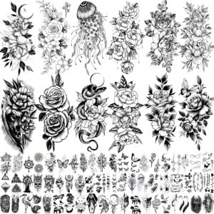 72 sheets 3d flowers temporary tattoos for women, fake tattoos body art arm sketch tattoo stickers for women and girls