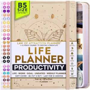 life planner - undated deluxe weekly, monthly planner, a 12 month journey to increase productivity & happiness, life organizer, gratitude journal, law of attraction planner - start anytime