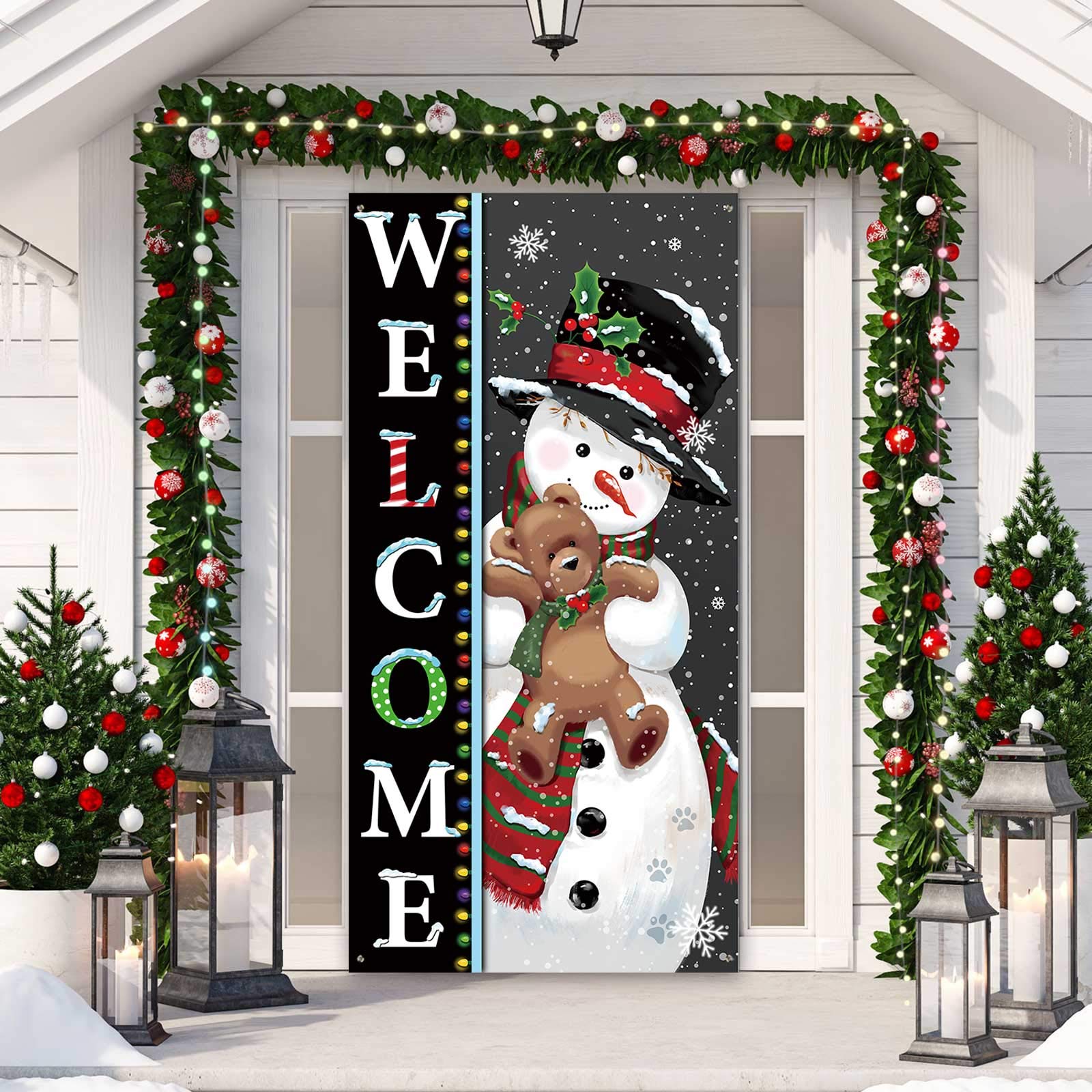 Welcome Snowman Photography Door Banner - Winter Cute Outdoor Snowman Backdrop for Christmas Holiday Party Decorations, 6 x 3 Feet