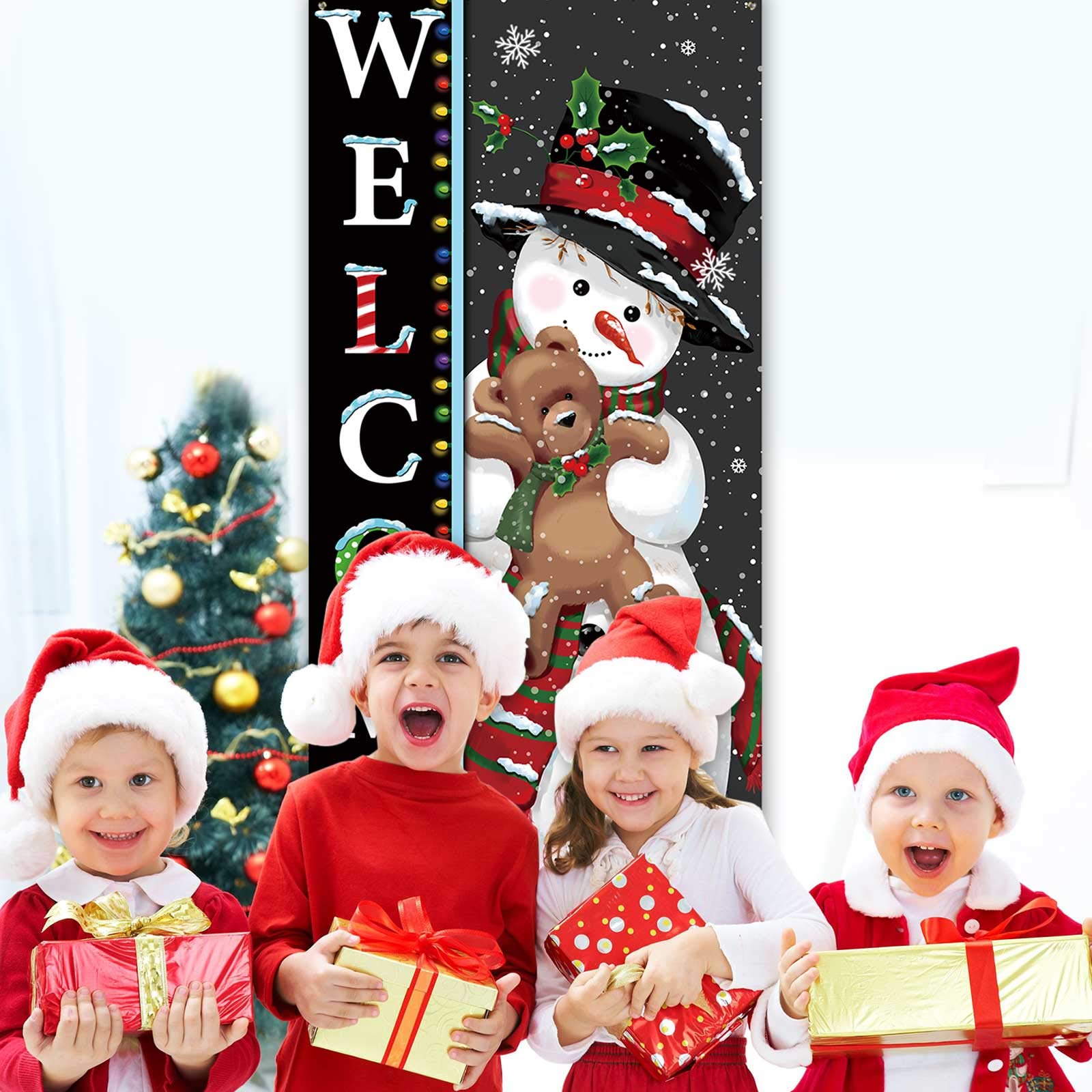 Welcome Snowman Photography Door Banner - Winter Cute Outdoor Snowman Backdrop for Christmas Holiday Party Decorations, 6 x 3 Feet