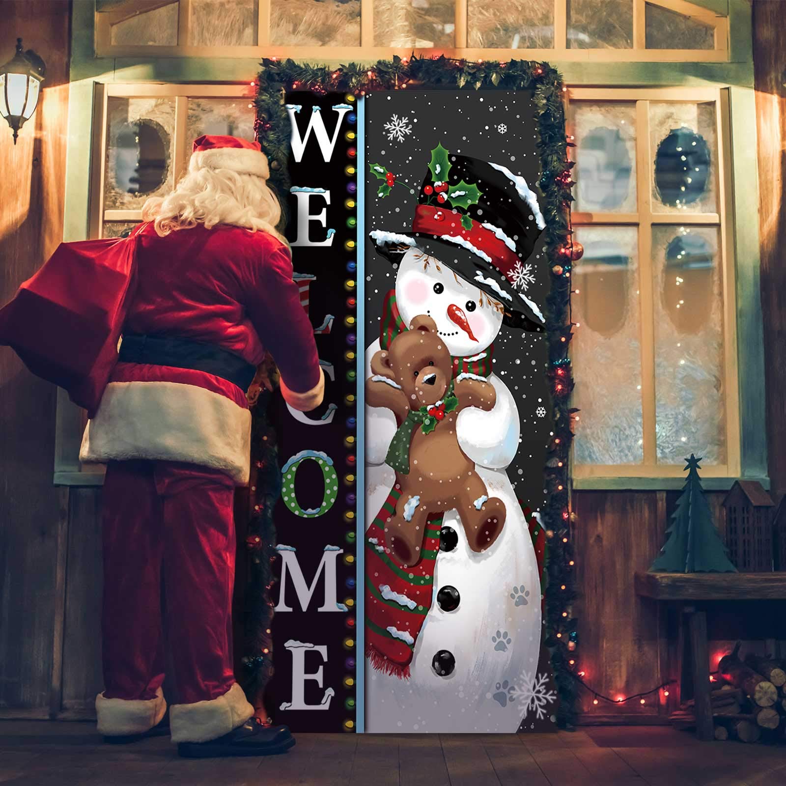 Welcome Snowman Photography Door Banner - Winter Cute Outdoor Snowman Backdrop for Christmas Holiday Party Decorations, 6 x 3 Feet