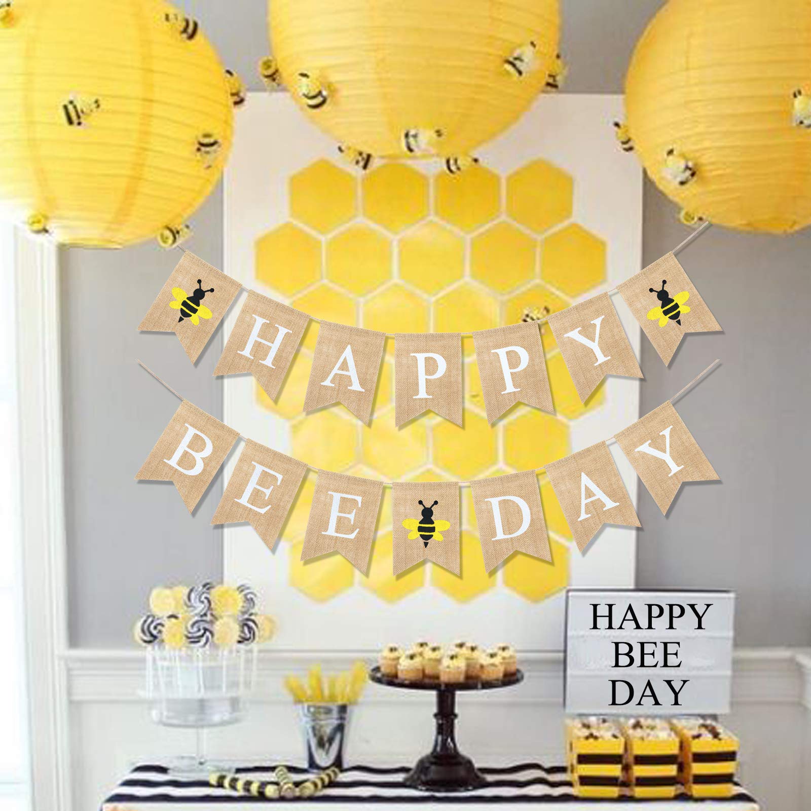 Uniwish Happy Bee Day Burlap Banner Bumblebee Themed Baby Shower Birthday Party Decorations Rustic Gifts for Boys Girls