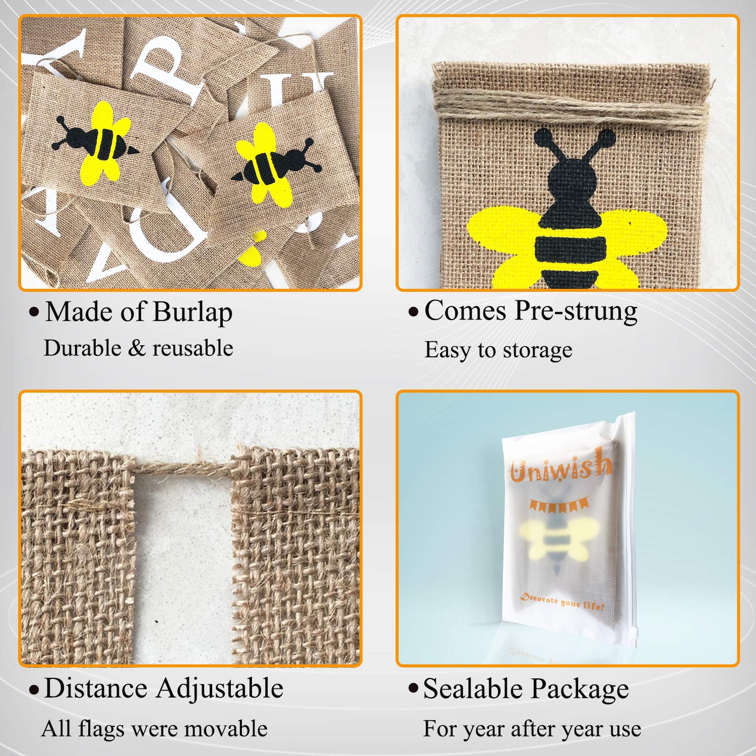 Uniwish Happy Bee Day Burlap Banner Bumblebee Themed Baby Shower Birthday Party Decorations Rustic Gifts for Boys Girls