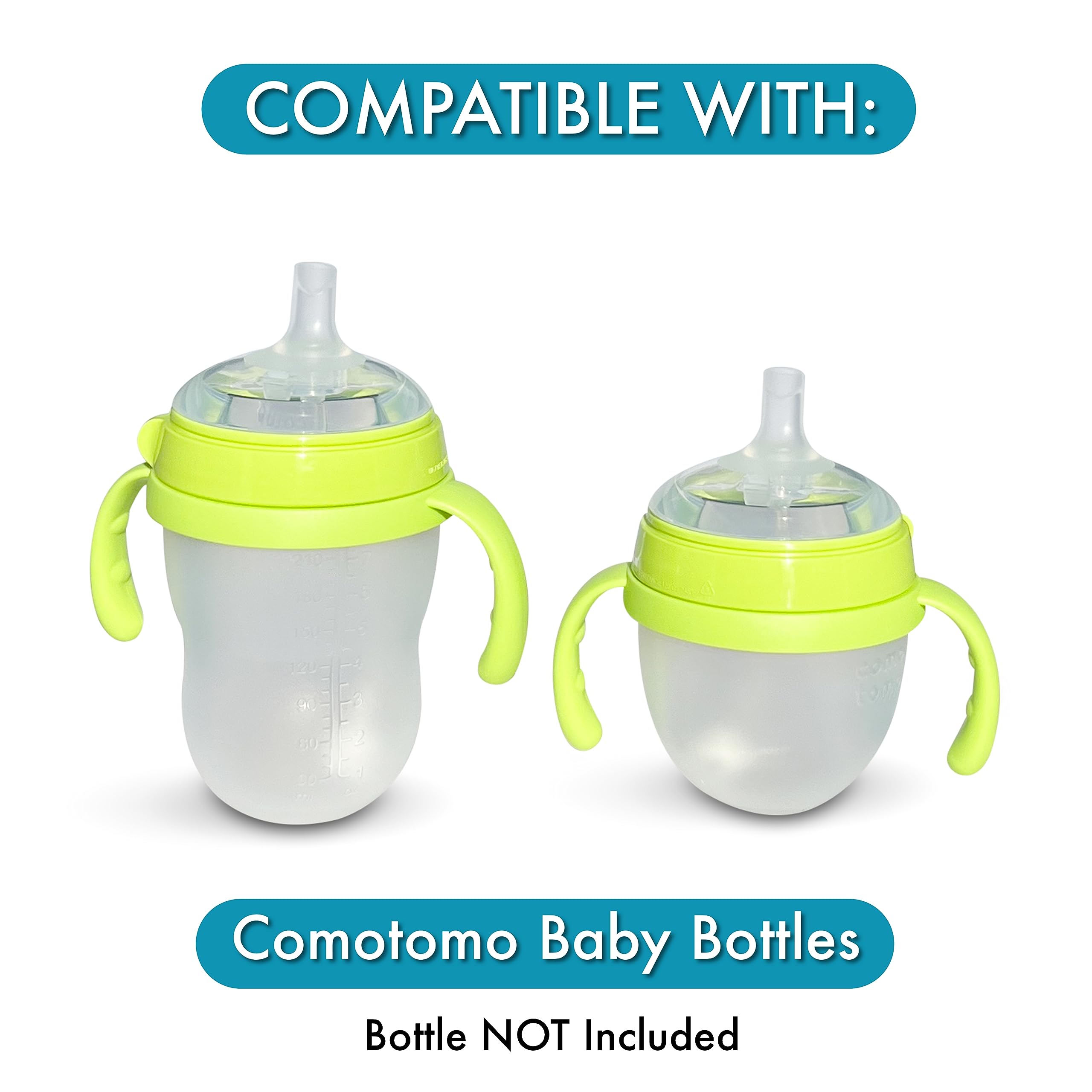 Straw Cup Conversion Kit for Comotomo Baby Bottles | 2-Count | with Soft Silicone Straw Top Nipples, Weighted Any Angle Straw Ball, Bottle Handles and Straw Cleaning Brush (Straw Top, Green)