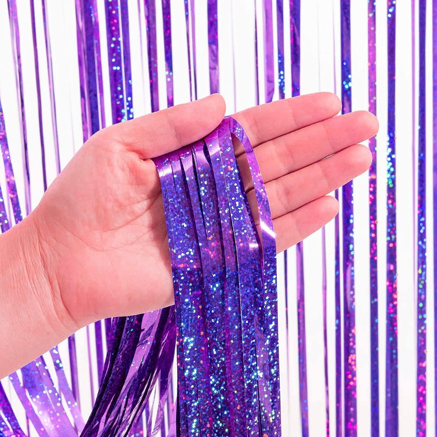 BRAVESHINE Purple Tinsel Foil Fringe Curtains - 2Pcs 3.2x8.2ft Metallic Holidays Photo Backdrop for Birthdays Valentines Bridal Shower Bachelorette Anniversary Engagement Party Supplies