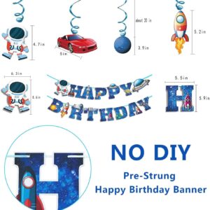 Kids Space Birthday Party Decorations - Blue Astronaut Spaceship Theme Happy Birthday Banner Hanging Solar System Spiral Planet Card Children's Gifts Cake Insert Supplies Set