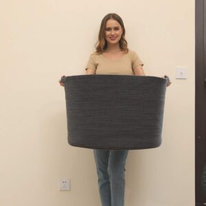 24" x 24" x 17" Max Size Large Cotton Rope Basket, Extra Large Storage Basket, Woven Laundry Hamper, Toy Storage Bin, for Blankets Clothes Toys Pillows in Living Room, Baby Nursery, All Dark Grey