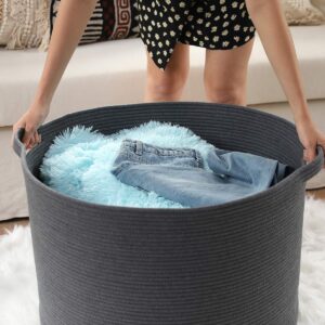 24" x 24" x 17" Max Size Large Cotton Rope Basket, Extra Large Storage Basket, Woven Laundry Hamper, Toy Storage Bin, for Blankets Clothes Toys Pillows in Living Room, Baby Nursery, All Dark Grey