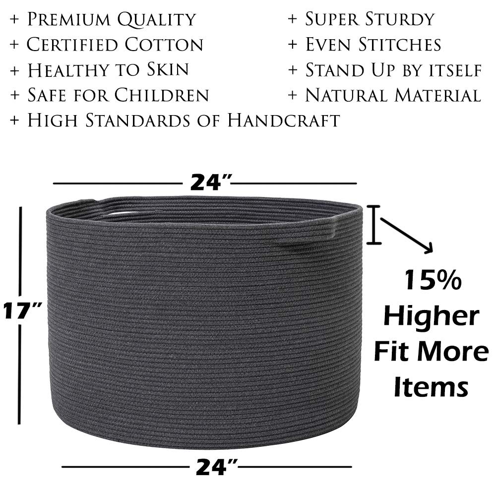 24" x 24" x 17" Max Size Large Cotton Rope Basket, Extra Large Storage Basket, Woven Laundry Hamper, Toy Storage Bin, for Blankets Clothes Toys Pillows in Living Room, Baby Nursery, All Dark Grey