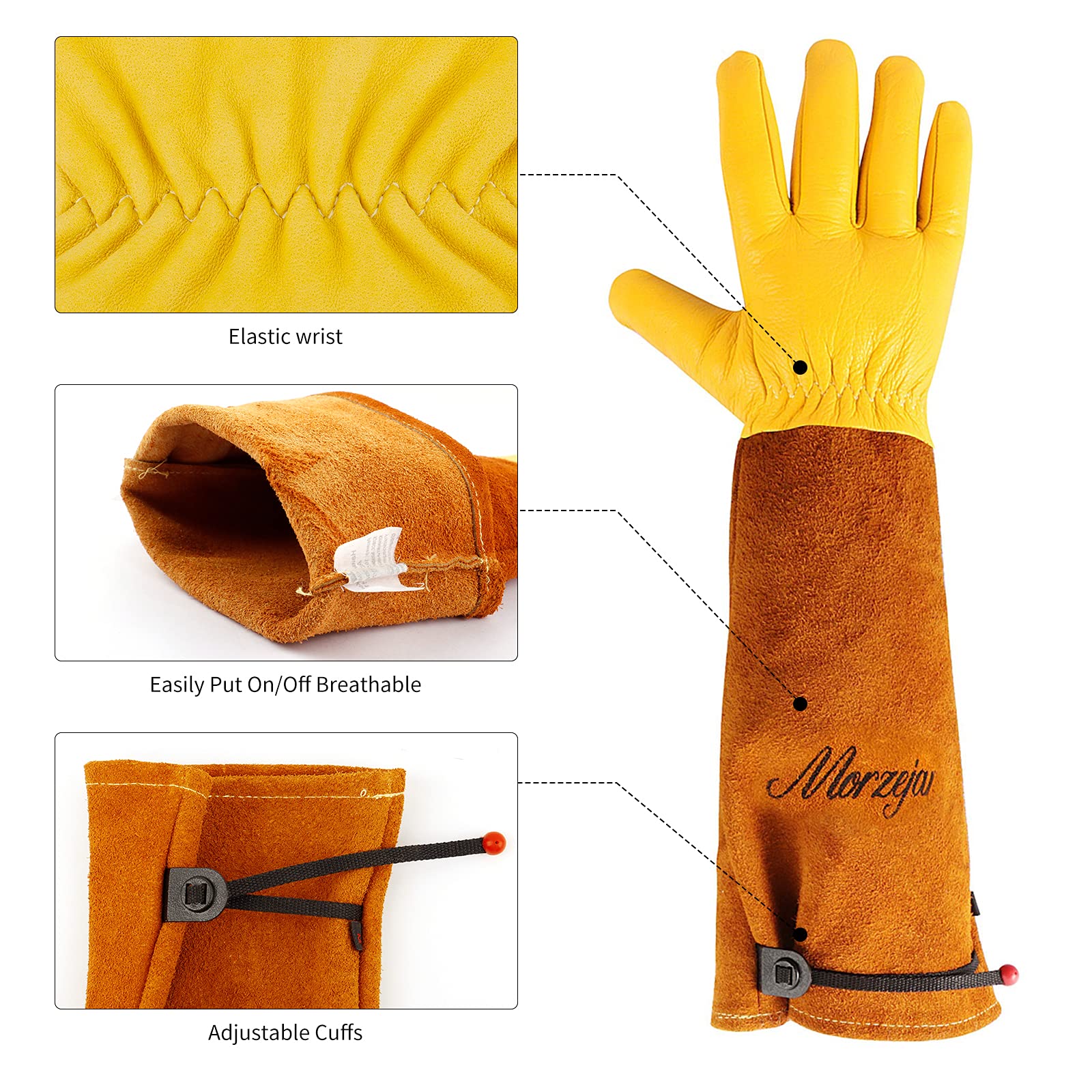 Morzejar Large Garden Gloves - Puncture Proof, Long Cuff, Leather, Ideal for Rose Pruning, Cactus Trimming, and Gardening