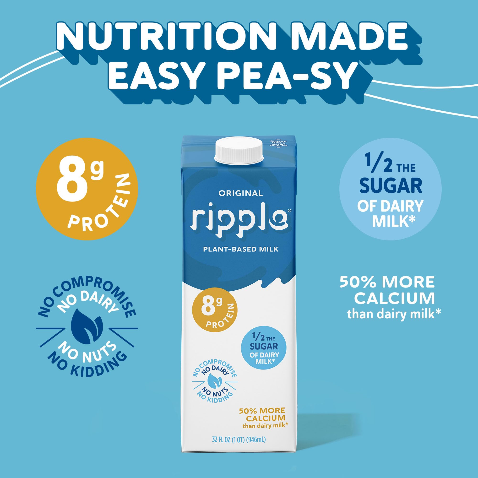 Ripple Non-Dairy Milk, Original| Vegan Milk With 8g Pea Protein| Shelf Stable Single Serve Cartons | On-The-Go | Non-GMO, Plant Based, Gluten Free | 32 oz, Pack of 6