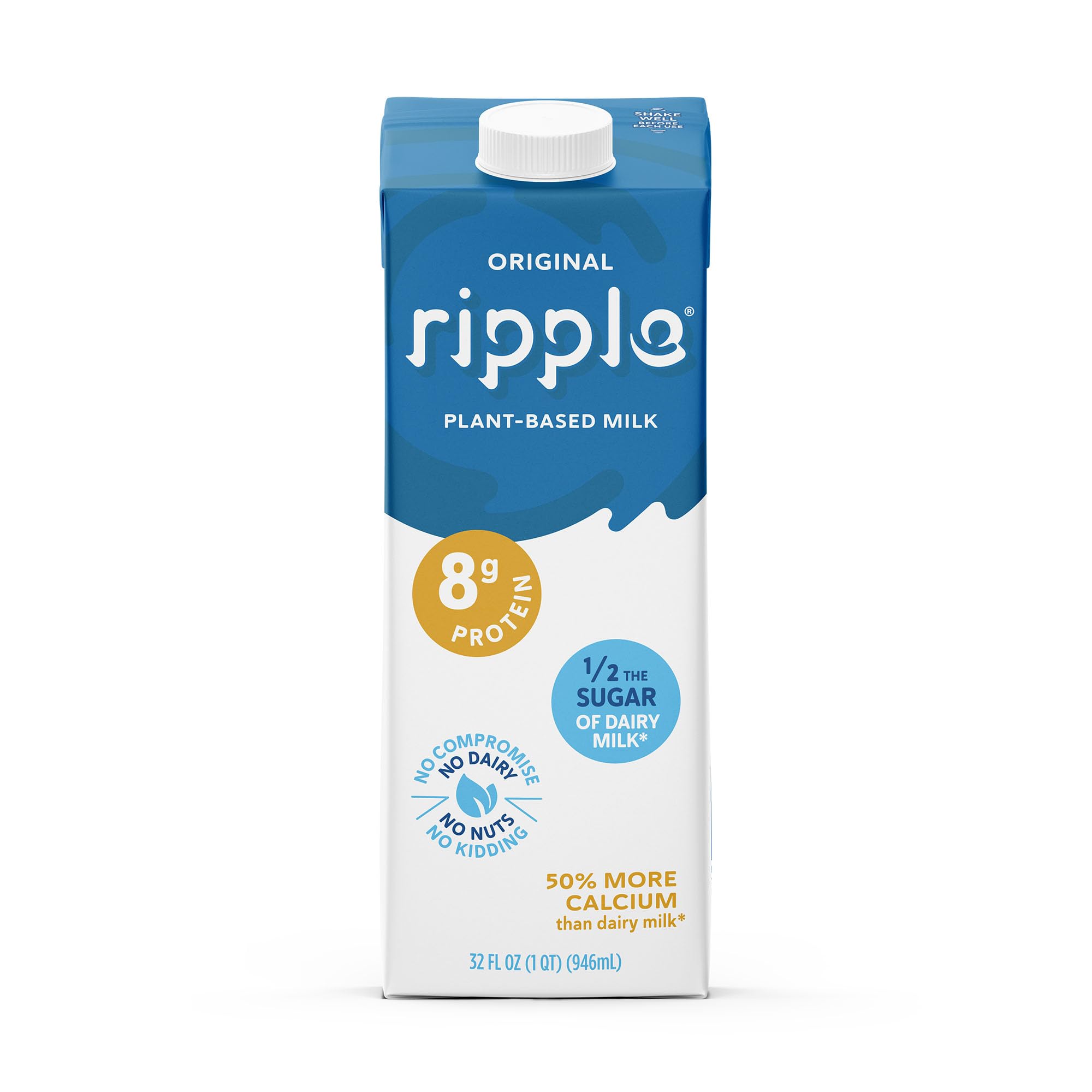 Ripple Non-Dairy Milk, Original| Vegan Milk With 8g Pea Protein| Shelf Stable Single Serve Cartons | On-The-Go | Non-GMO, Plant Based, Gluten Free | 32 oz, Pack of 6