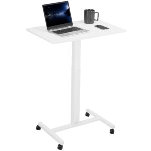 vivo mobile compact 28 inch pneumatic lift sit to stand laptop desk, rolling presentation cart, height adjustable ergonomic workstation with locking wheels, white, cart-v00lw