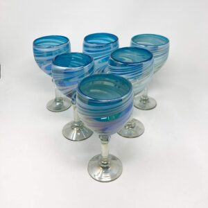 Blue Dorado Design Hand Blown Wine Glass - 16 oz - BDD - Set of 6 (Turquoise and White Swirl)