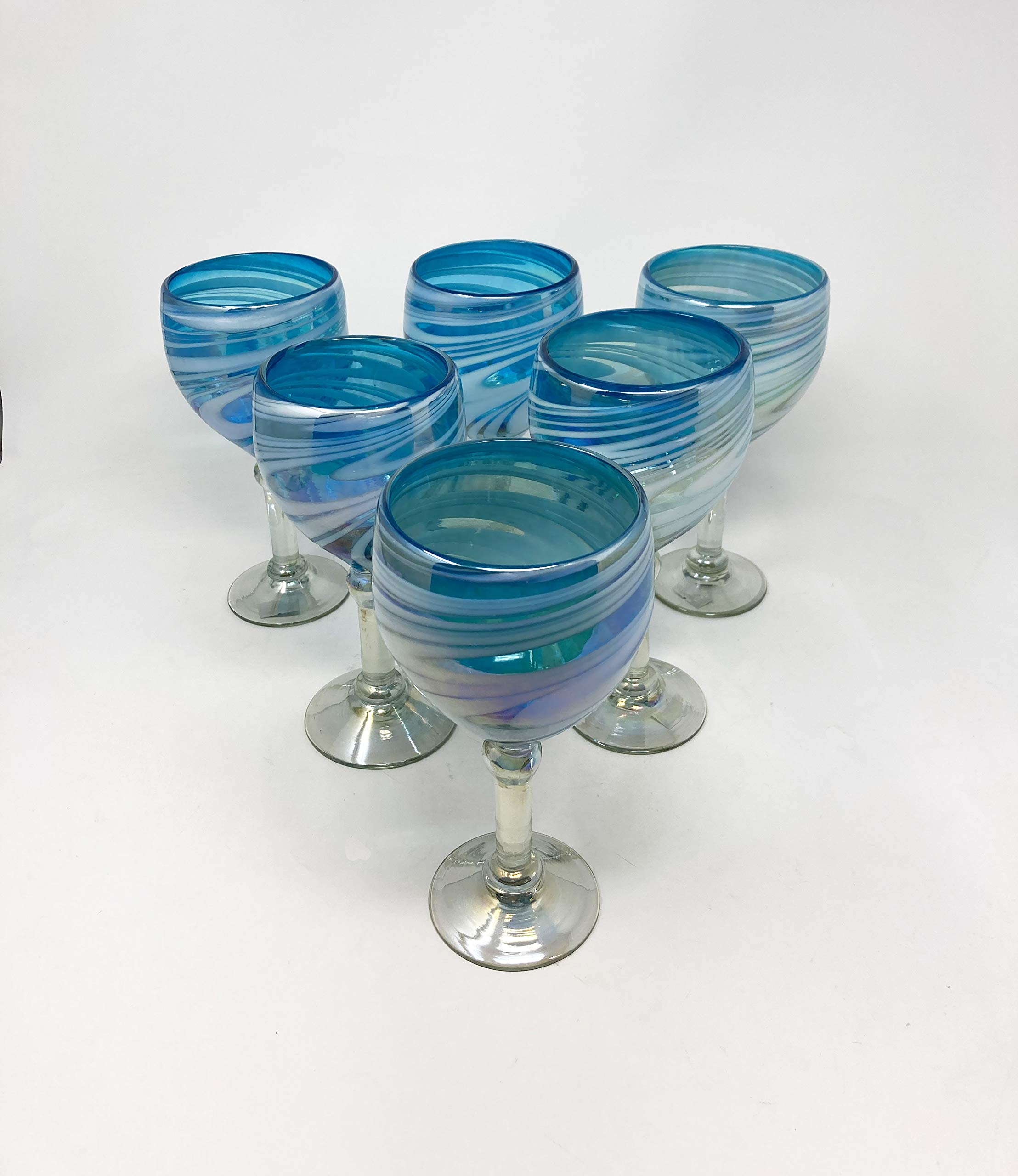 Blue Dorado Design Hand Blown Wine Glass - 16 oz - BDD - Set of 6 (Turquoise and White Swirl)