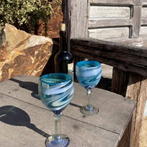 Blue Dorado Design Hand Blown Wine Glass - 16 oz - BDD - Set of 6 (Turquoise and White Swirl)