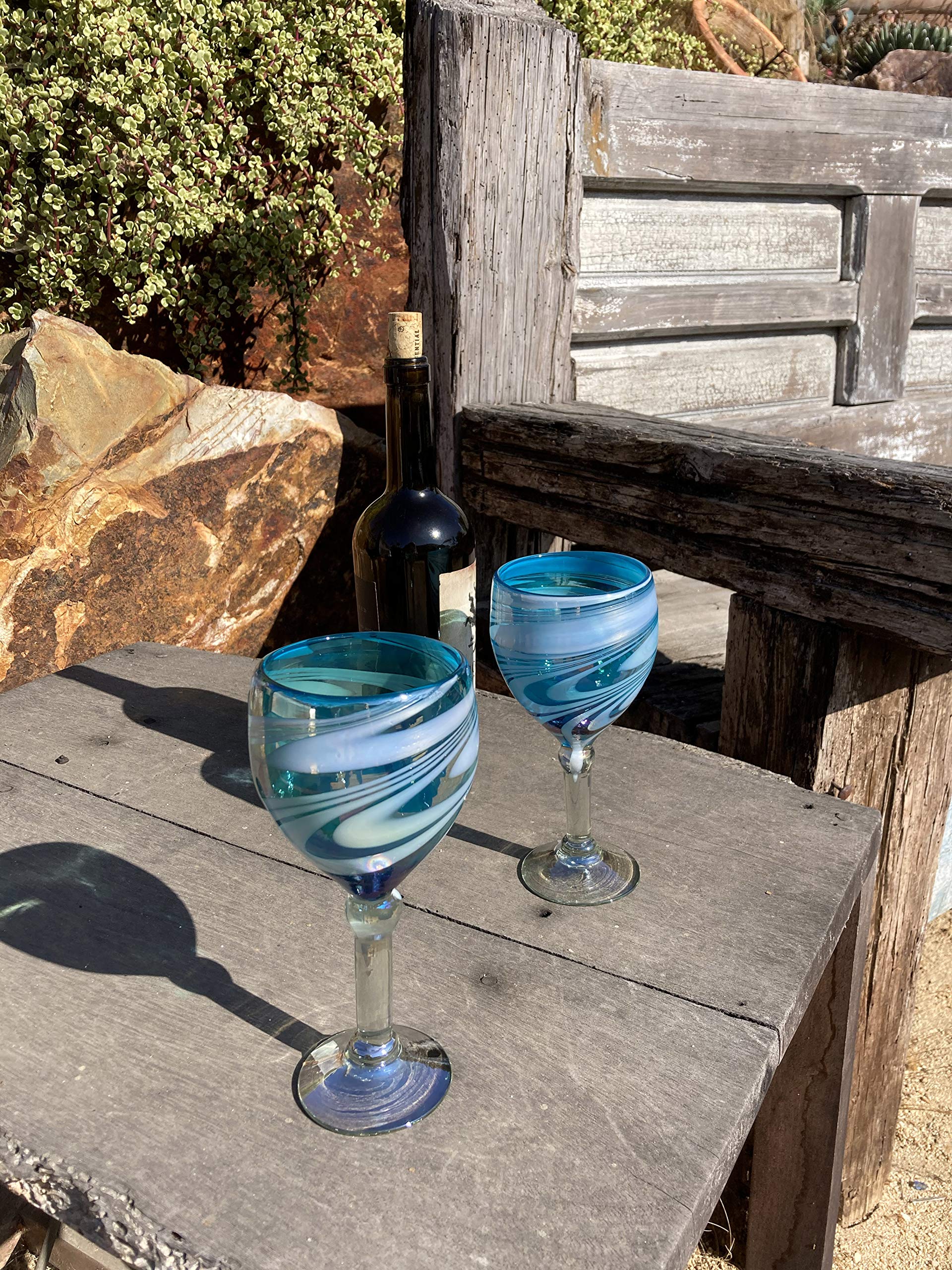 Blue Dorado Design Hand Blown Wine Glass - 16 oz - BDD - Set of 6 (Turquoise and White Swirl)