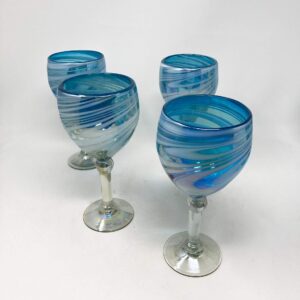 Blue Dorado Design Hand Blown Wine Glass - 16 oz - BDD - Set of 6 (Turquoise and White Swirl)