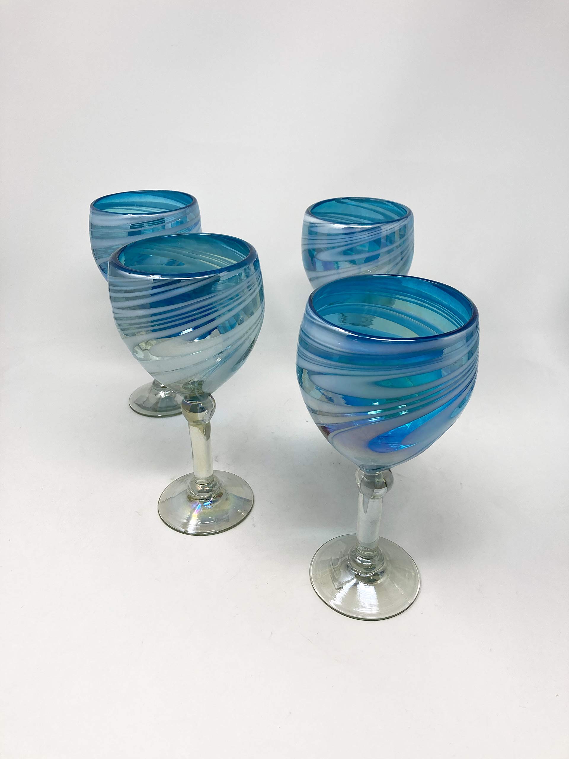 Blue Dorado Design Hand Blown Wine Glass - 16 oz - BDD - Set of 6 (Turquoise and White Swirl)