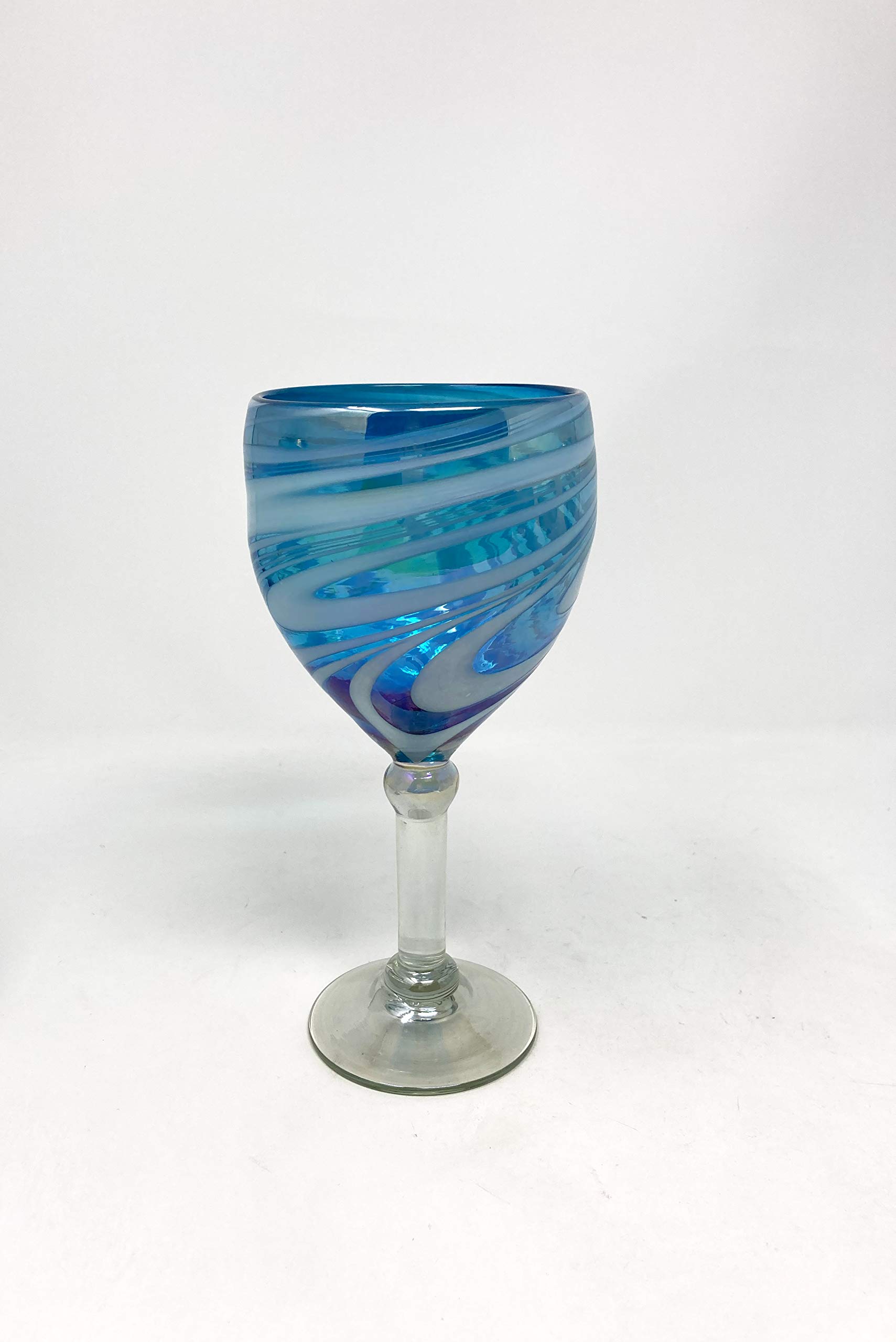 Blue Dorado Design Hand Blown Wine Glass - 16 oz - BDD - Set of 6 (Turquoise and White Swirl)