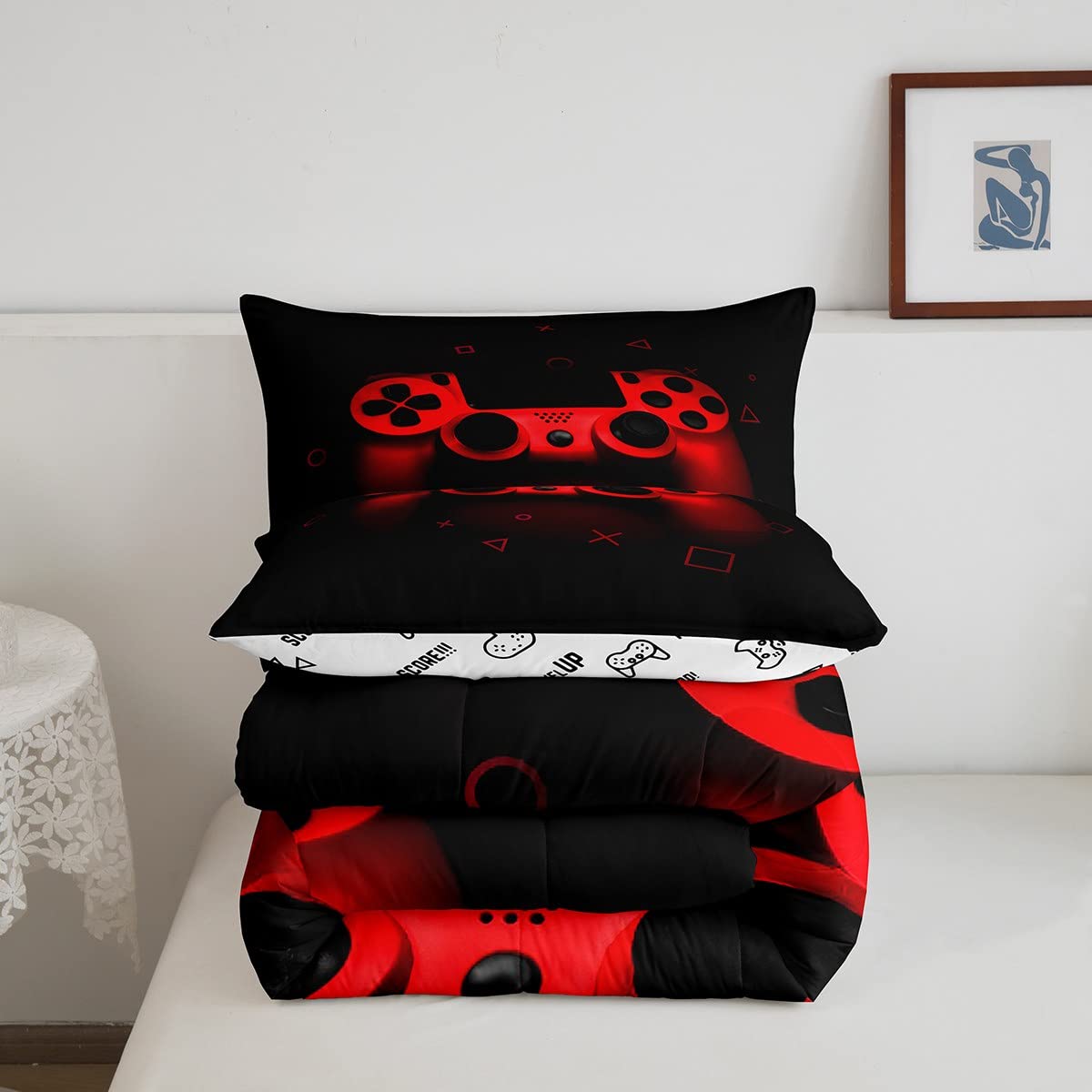 Boys Gamer Comforter Set Twin Size,Gamepad Bedding Set Kids Young Man Video Games Down Comforter for Teen Child Game Room Decor Black Red Classic Retro Gaming Quilted Duvet Set with Pillowcase