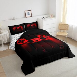 Boys Gamer Comforter Set Twin Size,Gamepad Bedding Set Kids Young Man Video Games Down Comforter for Teen Child Game Room Decor Black Red Classic Retro Gaming Quilted Duvet Set with Pillowcase