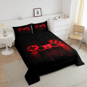 Boys Gamer Comforter Set Twin Size,Gamepad Bedding Set Kids Young Man Video Games Down Comforter for Teen Child Game Room Decor Black Red Classic Retro Gaming Quilted Duvet Set with Pillowcase