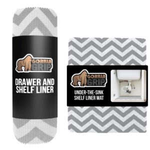 gorilla grip drawer liner and under sink mat liner, both in chevron gray white pattern, drawer and shelf liner size is 17.5x30, under sink mat size is 24x30, waterproof, easy to trim, 2 item bundle