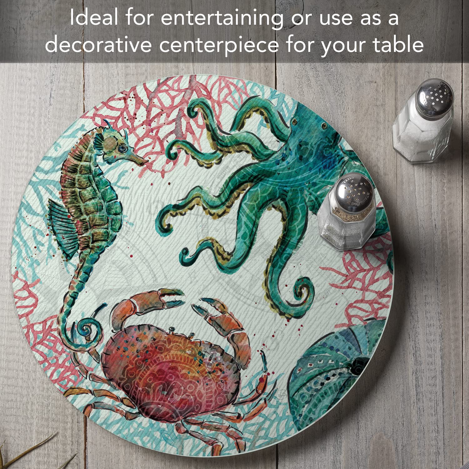 CounterArt Ocean Finds 4mm Heat Tolerant Tempered Glass Lazy Susan Turntable 13" Diameter Cake Plate Condiment Caddy Pizza Server